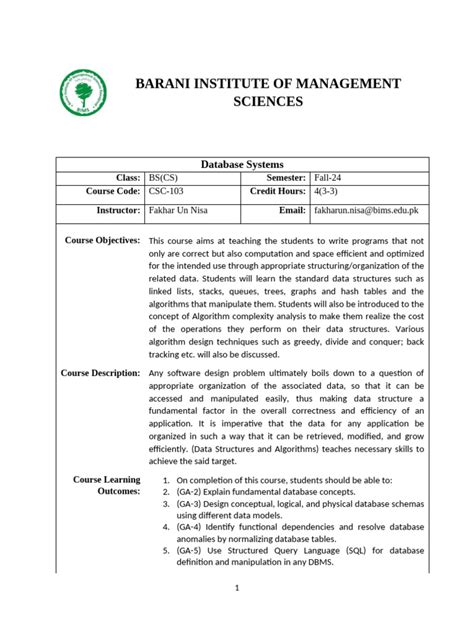 Db Course Outline Csc 103 Pdf Relational Model Databases