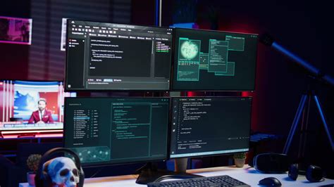 Premium Stock Video Script Running On Computer In Secret Base Of Operations Used By Hacker