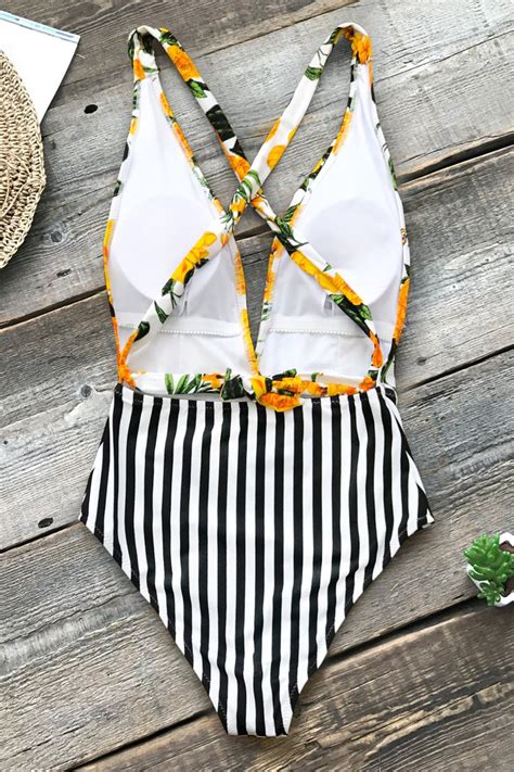 Yellow Floral And Black Stripe One Piece Swimsuit