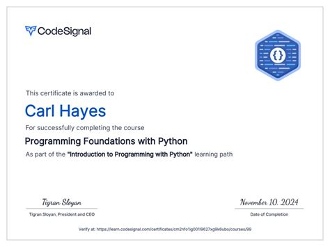 Course Certificate For Programming Foundations With Python Carl Hayes