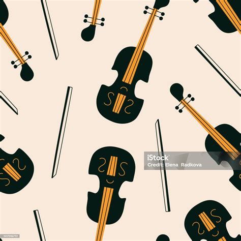 클래식 바이올린과 활 손으로 그린 벡터 일러스트레이션을 플랫 스타일로 표현합니다 악기 직물 또는 벽지를위한 원활한 패턴 Classical Concert에 대한 스톡 벡터