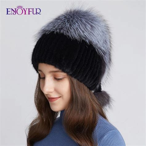 Enjoyfur 여성 겨울 밍크 모피 모자와 리얼 폭스 모피 폼폼 Enjoyfur