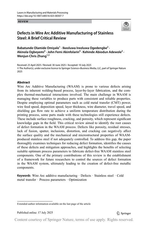 Defects In Wire Arc Additive Manufacturing Of Stainless Steel A Brief Critical Review Request Pdf