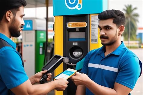 Rack Focus Shot Of Petrol Pump Worker Showing Scan Here To Pay Qr Code For Payment Premium AI