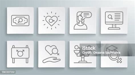 세트 라인 페미니스트 운동가 페미니즘 여성 성별 성 평등 교사 여성 의견 데이트 응용 프로그램과 돈 성장 여성 아이콘과 심장 벡터 가공의 인물에 대한 스톡 벡터 아트 및