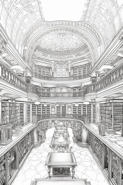 Premium Photo A Drawing Of A Library With A Large Table And Many