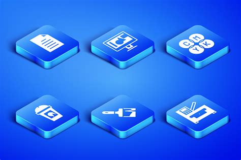 복사기 파일 문서 페인트 브러시 커피 컵 컴퓨터 모니터 화면 및 Cmyk 색상 혼합 아이콘을 설정합니다 벡터 3차원 형태에 대한