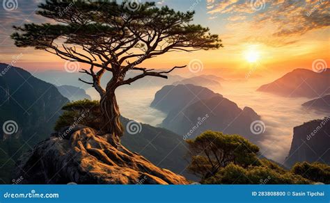 Barren Tree Growing On A Cliff Of Tianmen Mountain At Dusk Stock Illustration Illustration Of