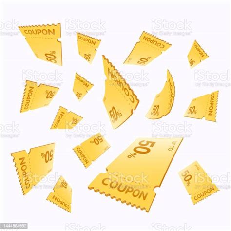 바우처 및 쿠폰 개념 벡터 3d 그림입니다 흰색 바탕에 골드 바우처와 노란색 쿠폰 황금 바우처의 비 떨어지거나 날아가는 쿠폰