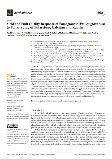Pdf Yield And Fruit Quality Response Of Pomegranate Punica Granatum To Foliar Spray Of