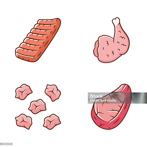 정육점 고기 색상 아이콘 세트입니다 치킨 햄 돼지 고기 스테이크 프리 컷 고기 쇠고기 갈비 육류 생산 및 판매 도살사업 단백질