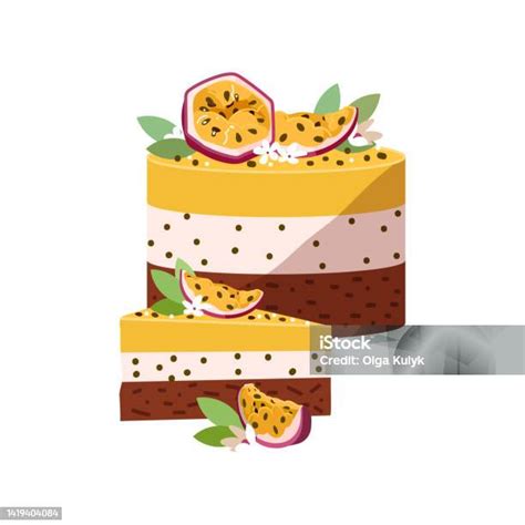 벡터 열정 과일 무스 케이크 일러스트 레이 션은 흰색 배경에 고립되어 있습니다 달콤한 이국적인 열대 디저트 음식 밝고 맛있는 카페 페이스트리 공휴일에 대한 스톡 벡터 아트