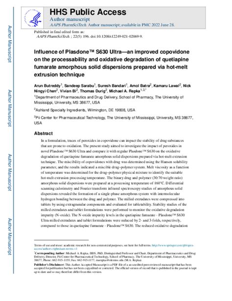 Pdf Plasdone S630 Ultra Reduces Quetiapine Degradation