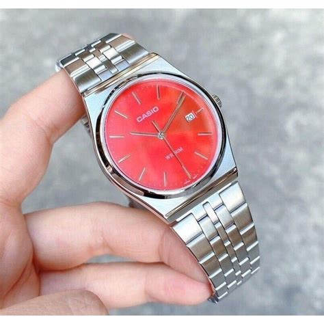 Casio Mtp B145d 4a2 Red Dial Analog Minimalist Stainless Steel Quartz Men Watch Shopee Malaysia