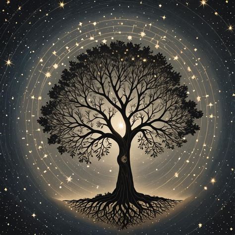 Small Tree Of Life In Center With Straight Lines Of Stars Extending
