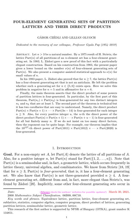 Pdf Four Element Generating Sets Of Partition Lattices And Their Direct Products