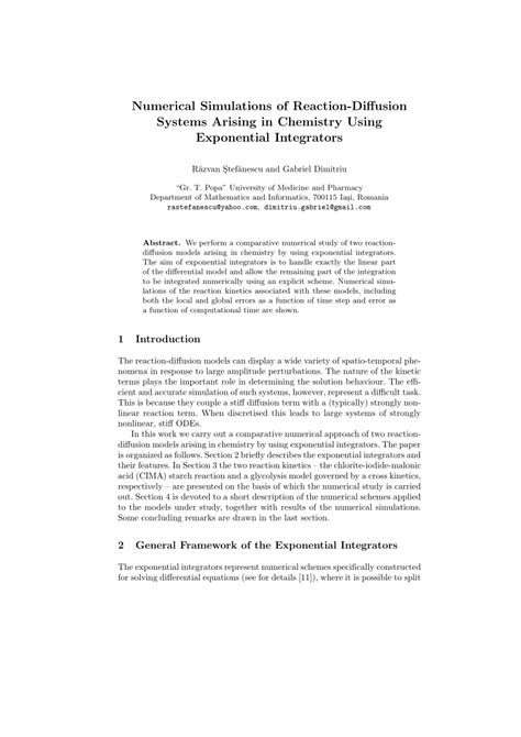 Pdf Numerical Simulations Of Reaction Diffusion Systems Arising In Chemistry Using Exponential