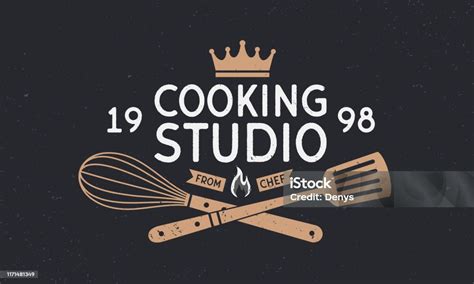 빈티지 요리 스튜디오 포스터입니다 주방 엠블럼 라블 배지 요리 학교 음식 스튜디오 요리 코스 포스터 벡터 일러스트레이션 요리법에 대한 스톡 벡터 아트 및 기타 이미지