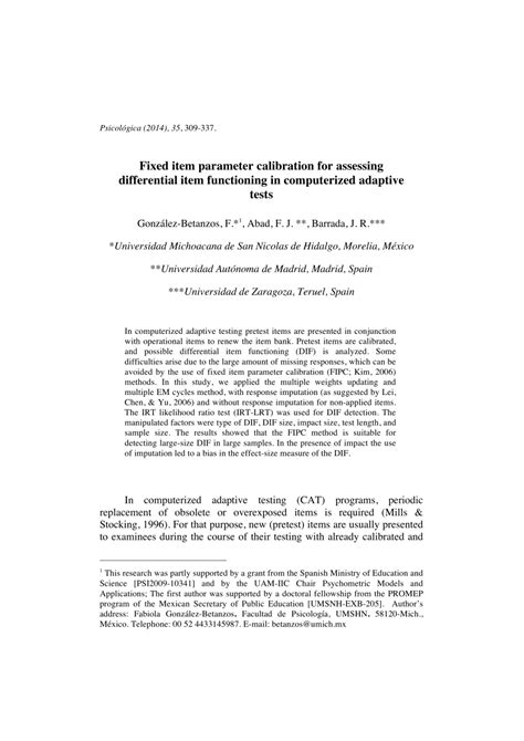 Pdf Fixed Item Parameter Calibration For Assessing Differential Item Functioning In