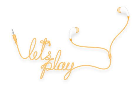 이어폰을 귀에 노란색 오렌지 색상을 입력 하 고 텍스트 흰색 배경 복사 공간에 고립 된 케이블에서 만든 놀자 개념에 대한 스톡 벡터 아트 및 기타 이미지 Istock