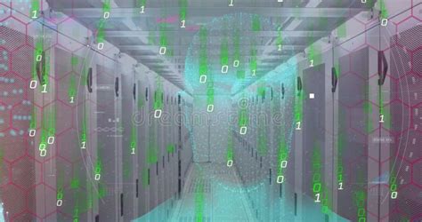 rows of servers in data center with green binary code overlay stock