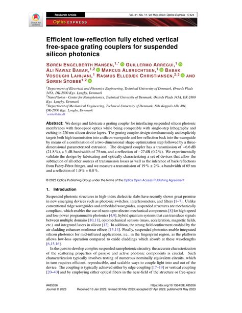Pdf Efficient Low Reflection Fully Etched Vertical Free Space Grating Couplers For Suspended