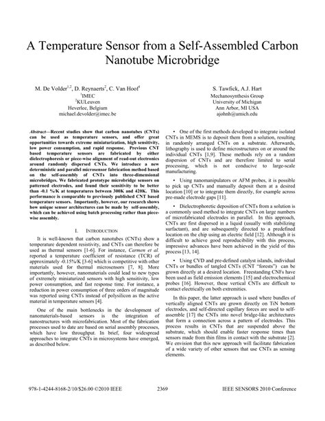 Pdf A Temperature Sensor From A Self Assembled Carbon Nanotube Microbridge