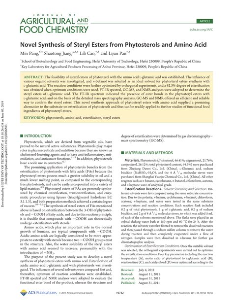 Pdf Novel Synthesis Of Steryl Esters From Phytosterols And Amino Acid