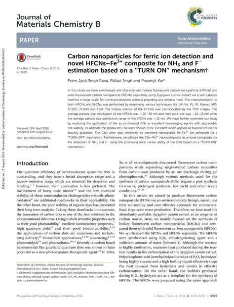 Pdf Carbon Nanoparticles For Ferric Ion Detection And Novel Hfcns Fe3 Composite For Nh3 And F