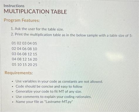 Solved Instructions MULTIPLICATION TABLE Program Features Chegg Com