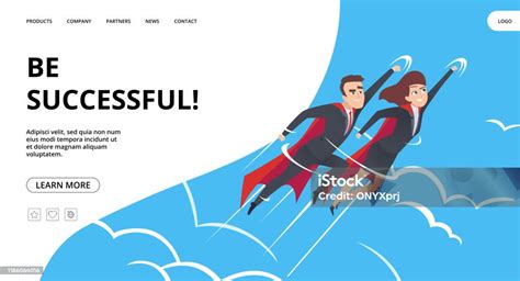 성공적인 비즈니스 남성과 여성 슈퍼 히어로 배경 웹 페이지 스카이 벡터 비즈니스 랜딩 컨셉으로 비행하는 팀워크 영웅 경영자에 대한 스톡 벡터 아트 및 기타 이미지 Istock
