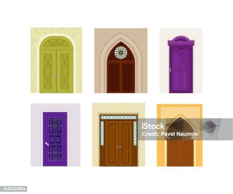 고전적인 문 세트 다른 스타일과 시대의 정문 건물 외관 요소 만화 벡터 일러스트 레이 션 목재 재료에 대한 스톡 벡터 아트 및 기타 이미지 Istock