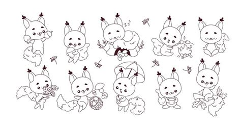 Premium Vector Line Cartoon Illustrations With Squirrels In Range Of