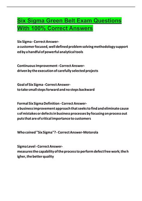 Six Sigma Green Belt Exam Questions With 100 Correct Answers 2024 Six Sigma Green Belt
