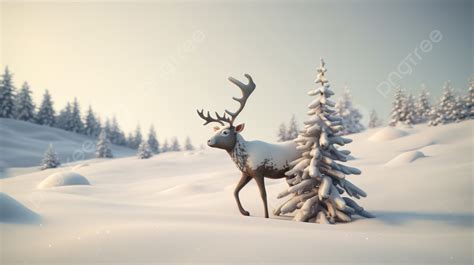 3차원 순록 에서 그만큼 눈 서 있는 얼마 만큼 나무 눈 바닥에 크리스마스 트리가 있는 순록의 3d 그림 고화질 사진 사진 배경 일러스트 및 사진 무료 다운로드