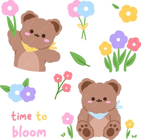 장식을위한 귀여운 곰 꽃 꽃 봄 요소 귀여운 곰 봄 기간 한국 곰 스티커 Png 일러스트 및 Psd 이미지 무료 다운로드 Pngtree
