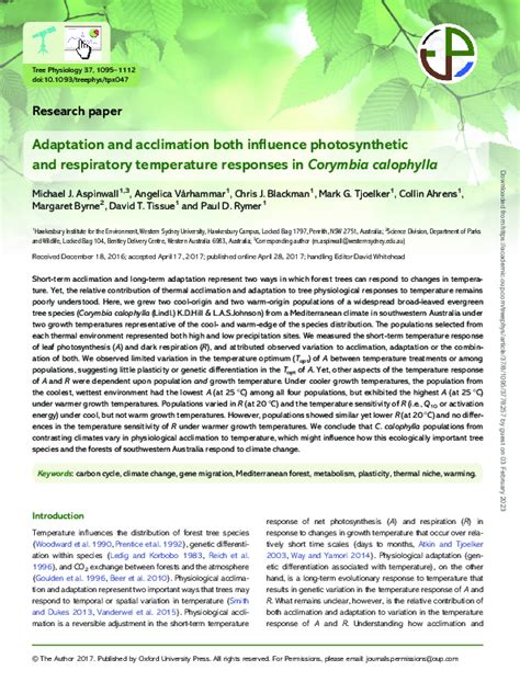 Pdf Adaptation And Acclimation Both Influence Photosynthetic And Respiratory Temperature