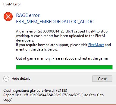 RAGE Error ERR MEM EMBEDDEDALLOC ALLOC New Error Today FiveM Client Support Cfx Re Community