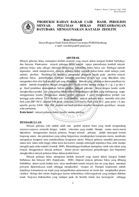 Pdf Produksi Bahan Bakar Cair Hasil Pirolisis Minyak Pelumas Bekas Pertambangan Batubara