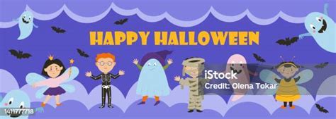 의상 마녀 뱀파이어 죽음 유령 호박과 박쥐 할로윈 파티 배너를 입은 아이들 벡터 일러스트레이션 10월에 대한 스톡 벡터 아트 및 기타 이미지 Istock