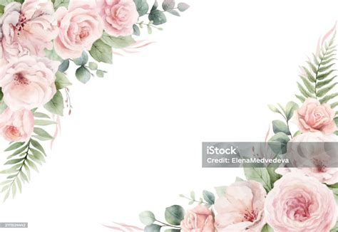 꽃 벡터 테두리 프레임 와 핑크 장미 꽃 유칼립투스 가지 와 잎 웨딩 문구 인사말 월페이퍼 패션 패브릭 가정 장식에 적합합니다 손으로 그린 그림입니다 분홍에 대한 스톡 벡터