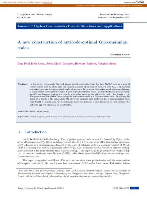 Pdf A New Construction Of Anticode Optimal Grassmannian Codes
