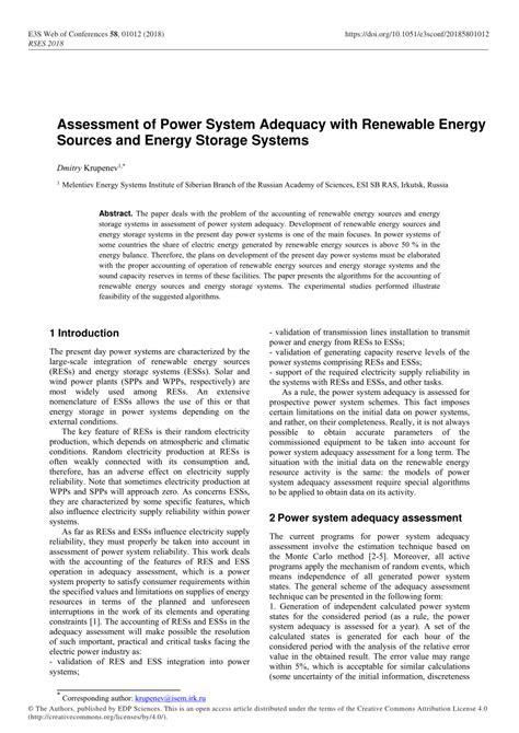 Pdf Assessment Of Power System Adequacy With Renewable Energy Sources And Energy Storage Systems