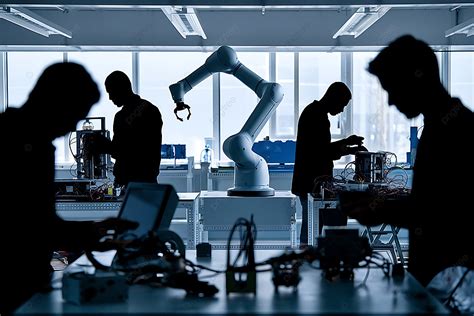 High Tech Lab With Engineers Programming And Assembling Robots Background Engineers Robots