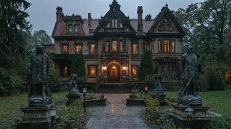 The Creepy Facade Of A Haunted House Tour With Gothic Architecture And