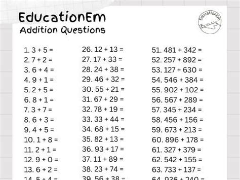 75 Maths Addition Questions 1 Digit 2 Digit And 3 Digit Addition With Answers Teaching Resources