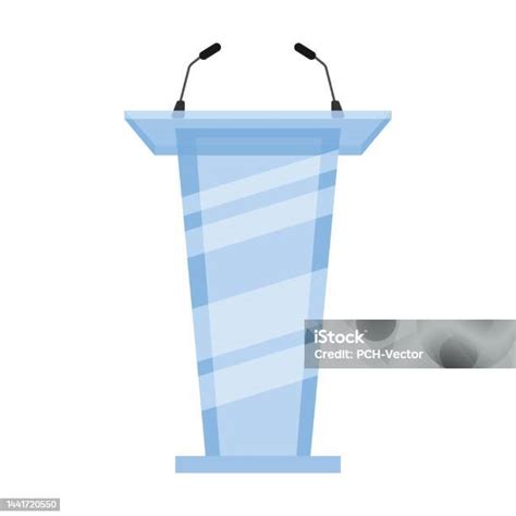 유리 거울 토론 연단과 이중 마이크 만화 벡터 삽화가 있는 플랫폼 나무 트리뷴과 마이크가 있는 유리 연단 갈색에 대한 스톡 벡터