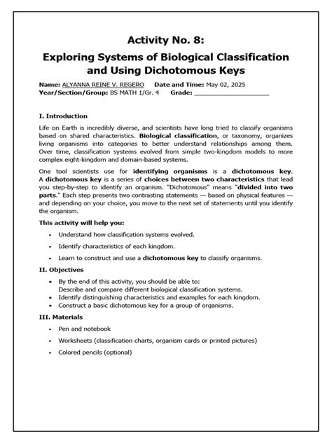 Using Dichotomous Keys In Classification Pdf Biology Organisms