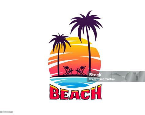 열 대 낙원 리조트 야자수와 일몰 하늘 벡터 여름 휴가 여행 및 관광과 여름 해변 아이콘 푸른 바다 파도 의자 및 코코넛 야자