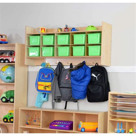 Contender 10 Section Wood Cubbies Storage With Lime Green Plastic Bins Wall Hanging Organizers